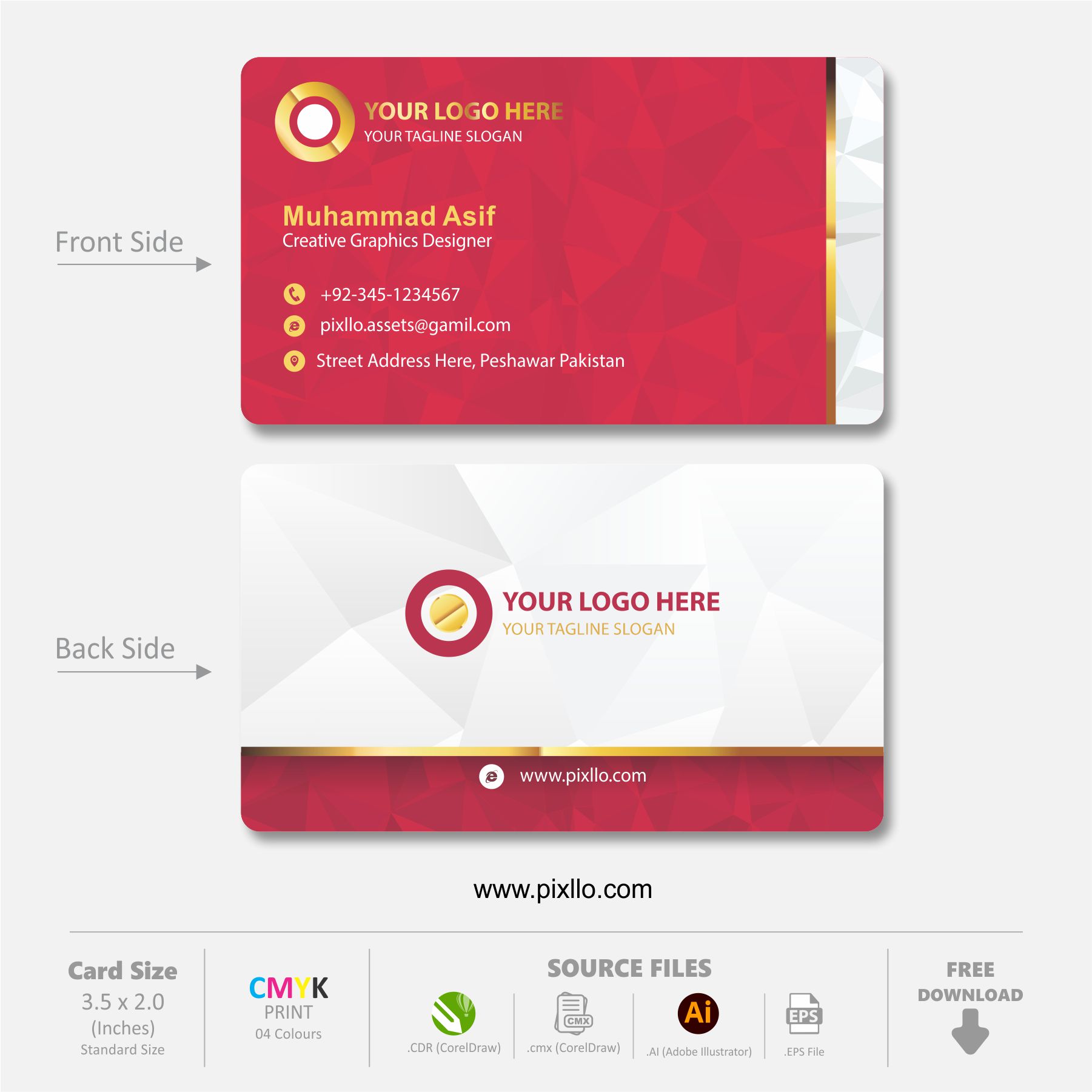 Red & Golden Business Card .cdr / .ai Template Free Download (Pixllo)
